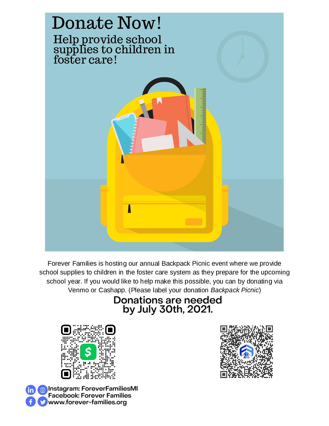 Backpack Picnic Donation Flyer 2021 | Forever Families
